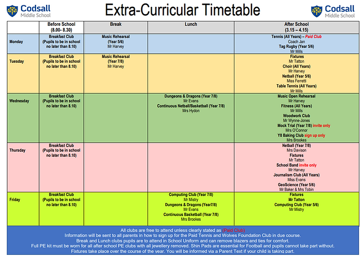 Extra-Curricular Timetable | Cms V1 1